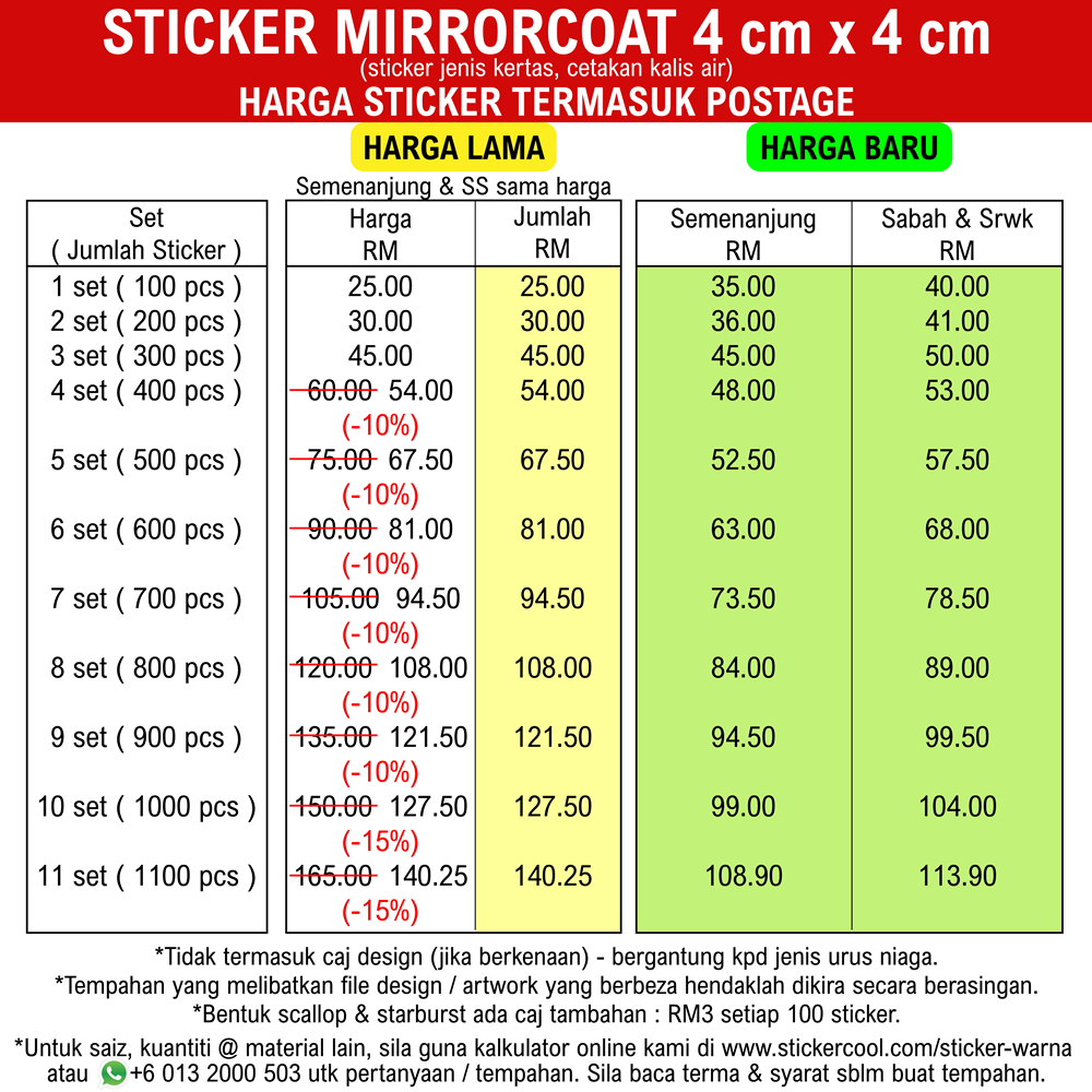 Harga Sticker ( Sticker Warna ) - Sticker Cool - Tempah Sticker Online
